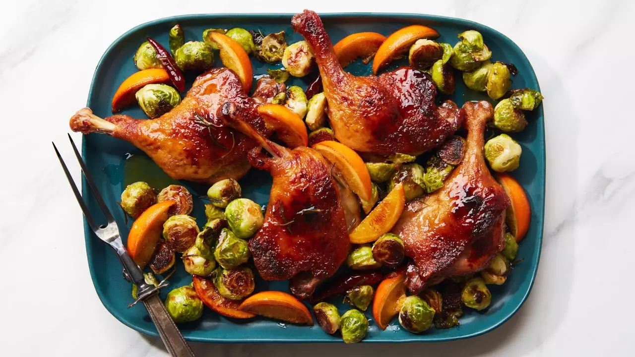 Braised Chile-Marmalade Duck Legs with Brussels Sprouts