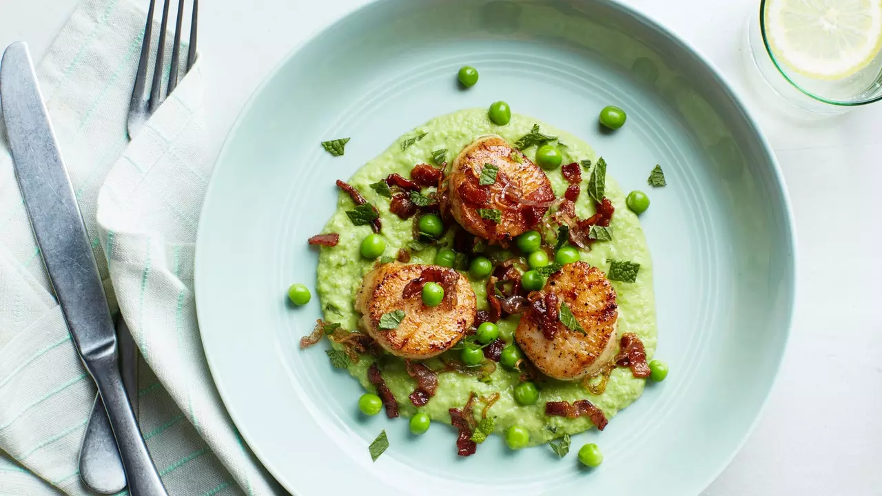 Mint, Peas, Bacon တို့ဖြင့် ကြော်ထားသော Scallops များ