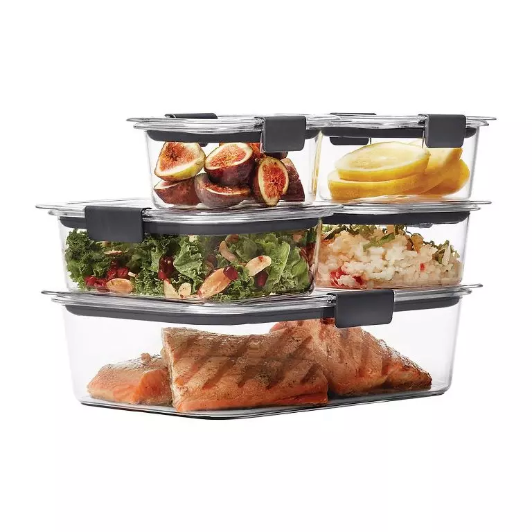 Rubbermaid 10 יחידות מכלי אחסון מזון מוגנים מפני דליפות מבריק עם מכסים אטומים.