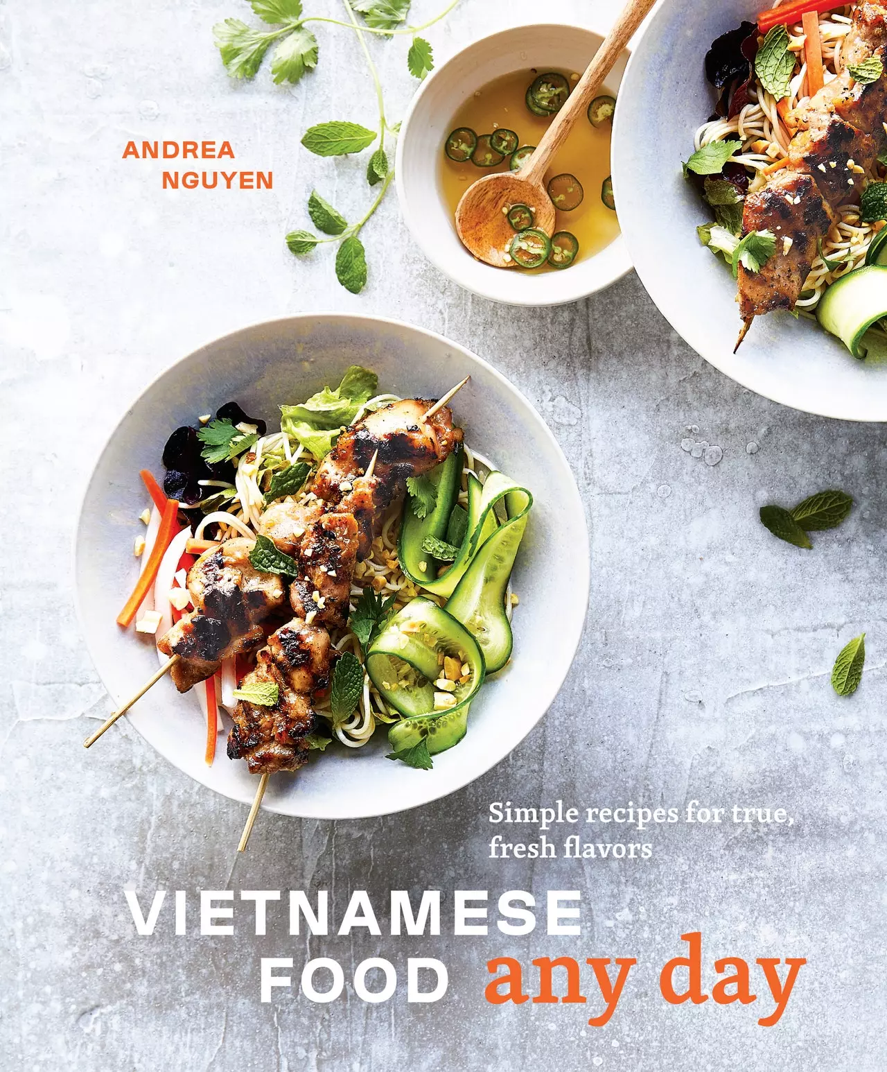 صورة للطعام الفيتنامي في أي غلاف كتاب يومي ، يُظهر اللحم المشوي في وعاء مع الخيار.
