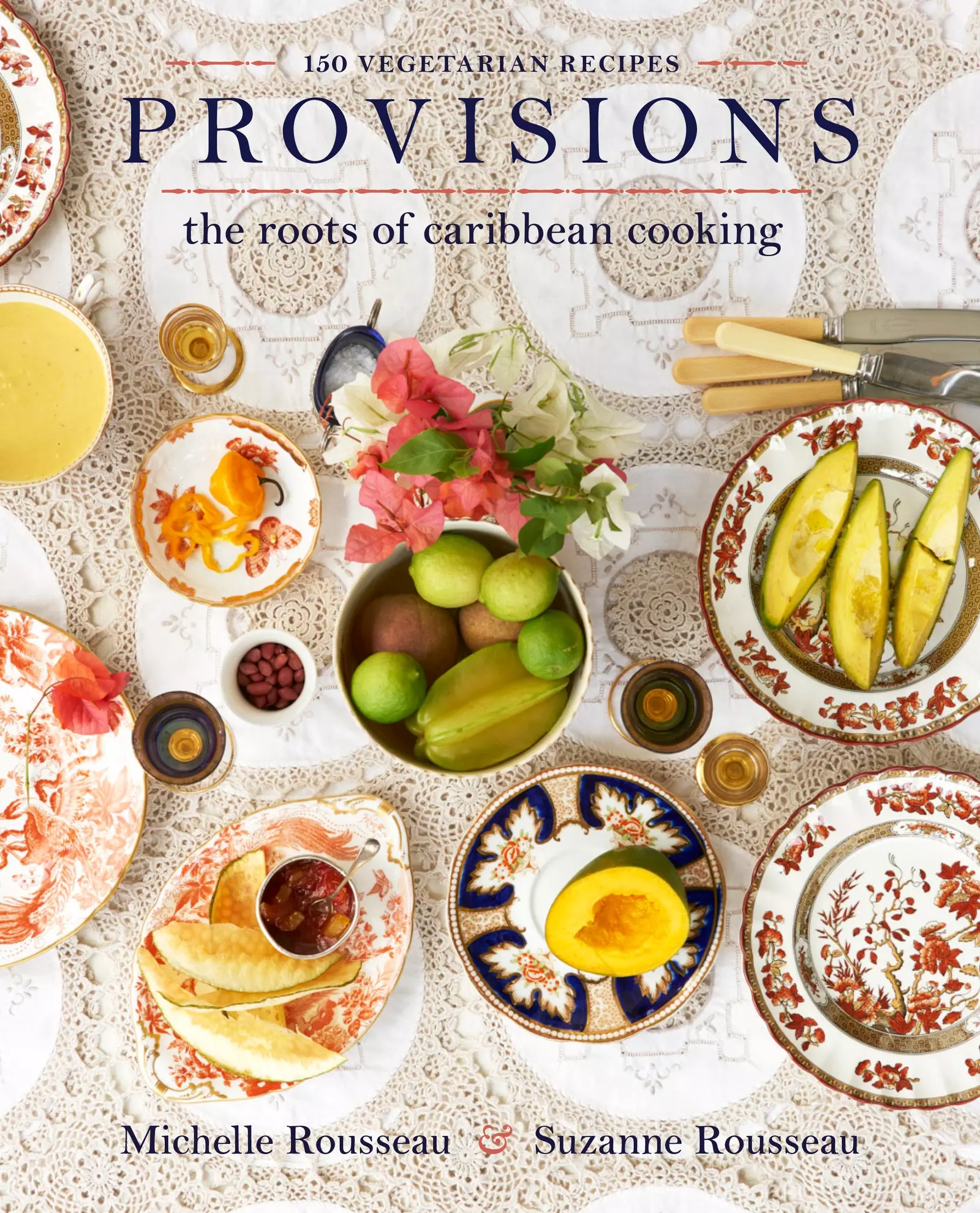 Обкладинка кулінарної книги з мисками та тарілками, наповненими різними фруктами та овочами на мереживній скатертині.