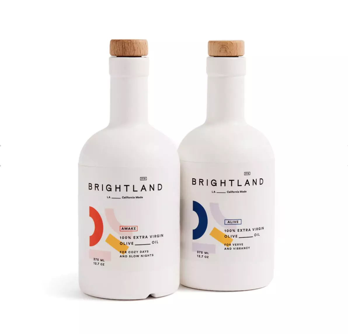 Brightland Olive Oil nyetel 2 botol putih kanthi tutup gabus