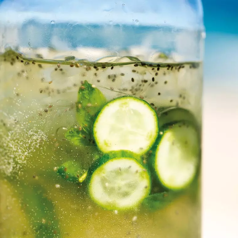 La imagen puede contener alimentos Berenjena Bebida Limonada Bebida Cóctel Alcohol Fruta Lima Cítricos y Mojito