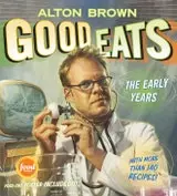 Good Eats kookboekomslag met foto van Alton Brown.