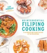 Cover of Quintessential Flipino Cooking bi maseya spî û xwarinên cihêreng, di nav de pancit, kare kare, lumpia, û lechon kawali.