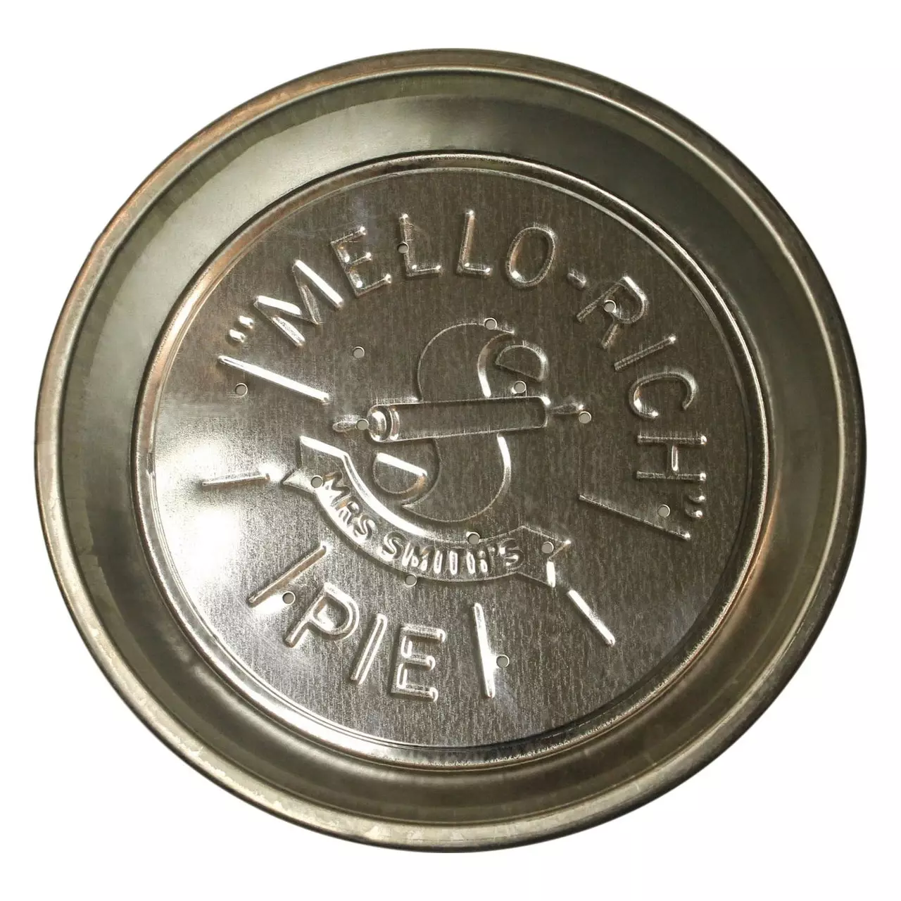Fotoattēls ar vintage unused Tin Mello-Rich Mrs Smith's Logo Pie cepšanas trauka pannas plāksnes.
