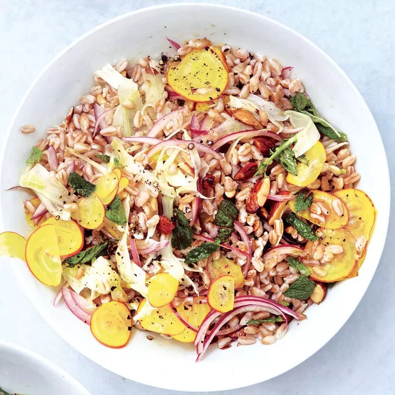 Insalata di finocchi e barbabietole d'orzo in una ciotola bianca poco profonda.