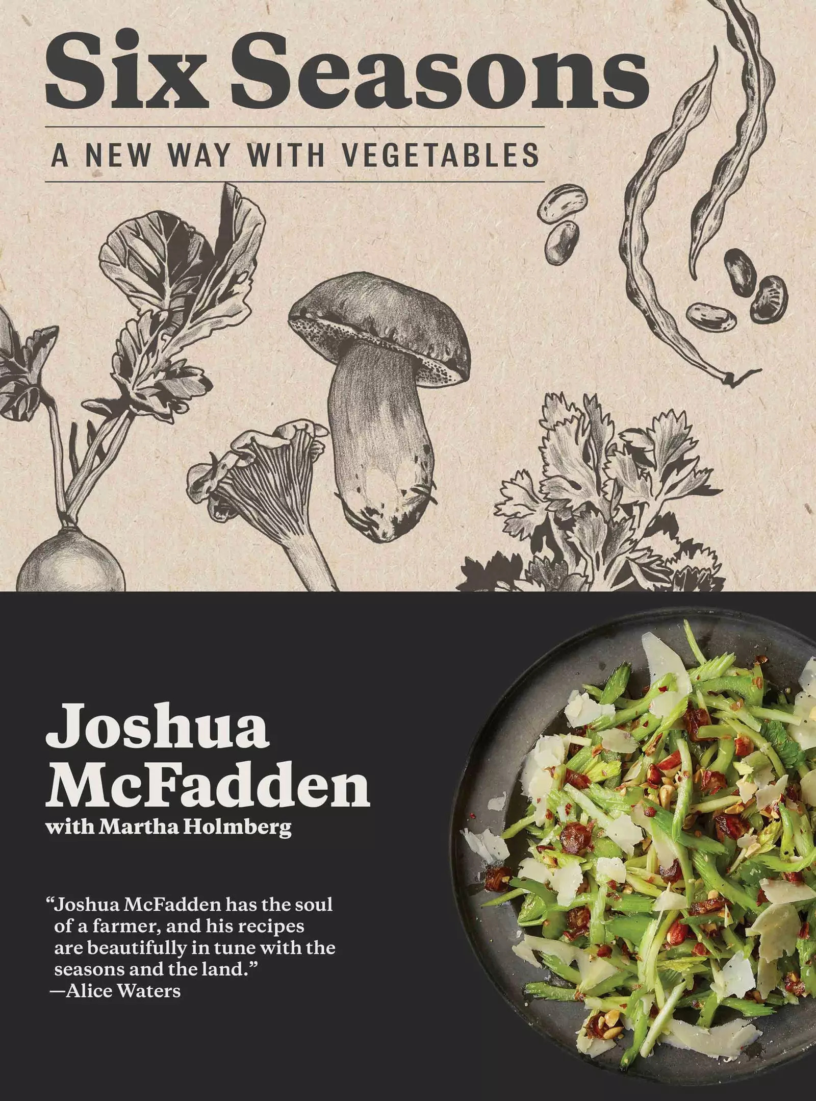 Joshua McFaddeno „Six Seasons“ kulinarinės knygos viršelis su grybų salotomis ir bronzine lėkšte