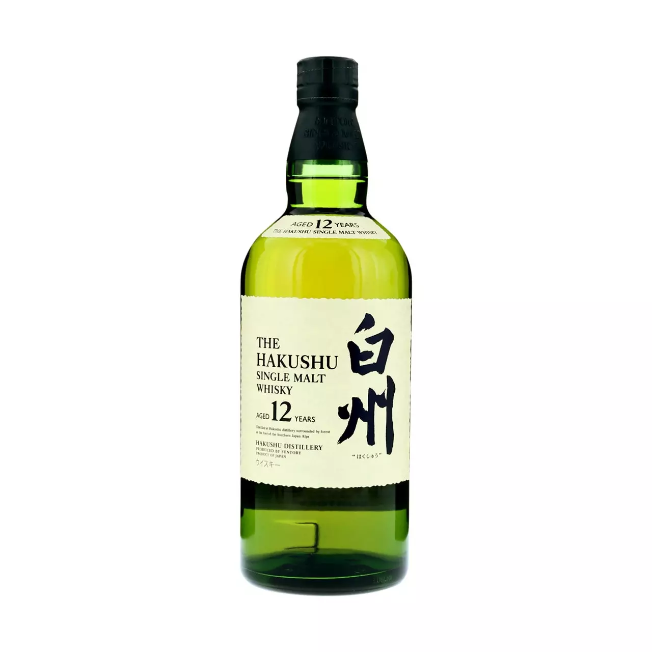 Suntory tomonidan ishlab chiqarilgan Hakushu 12 yillik yagona solodli viski shishasining fotosurati.