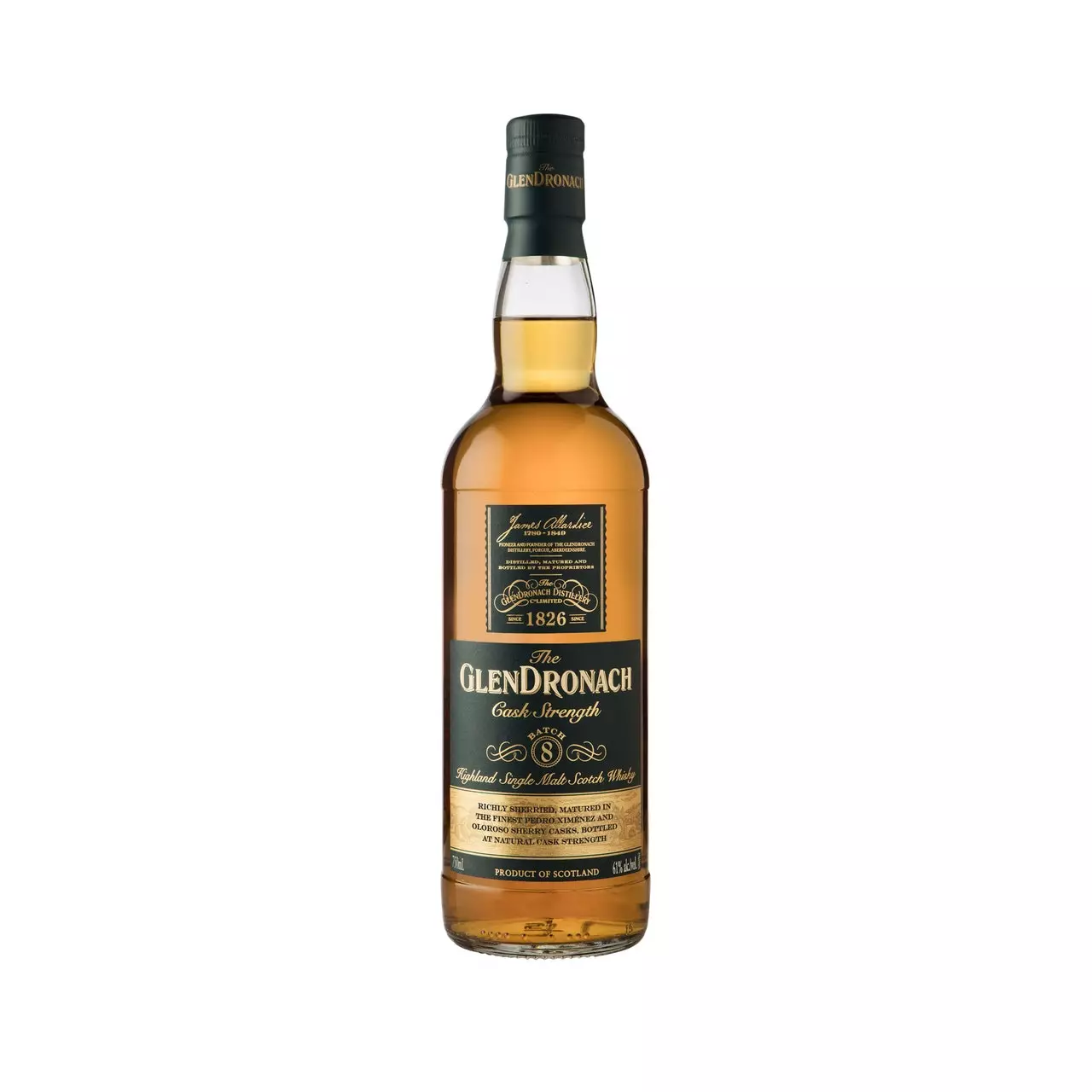 Mynd af flösku af Cask Strength Batch 8 Scotch Whisky eftir GlenDronach.