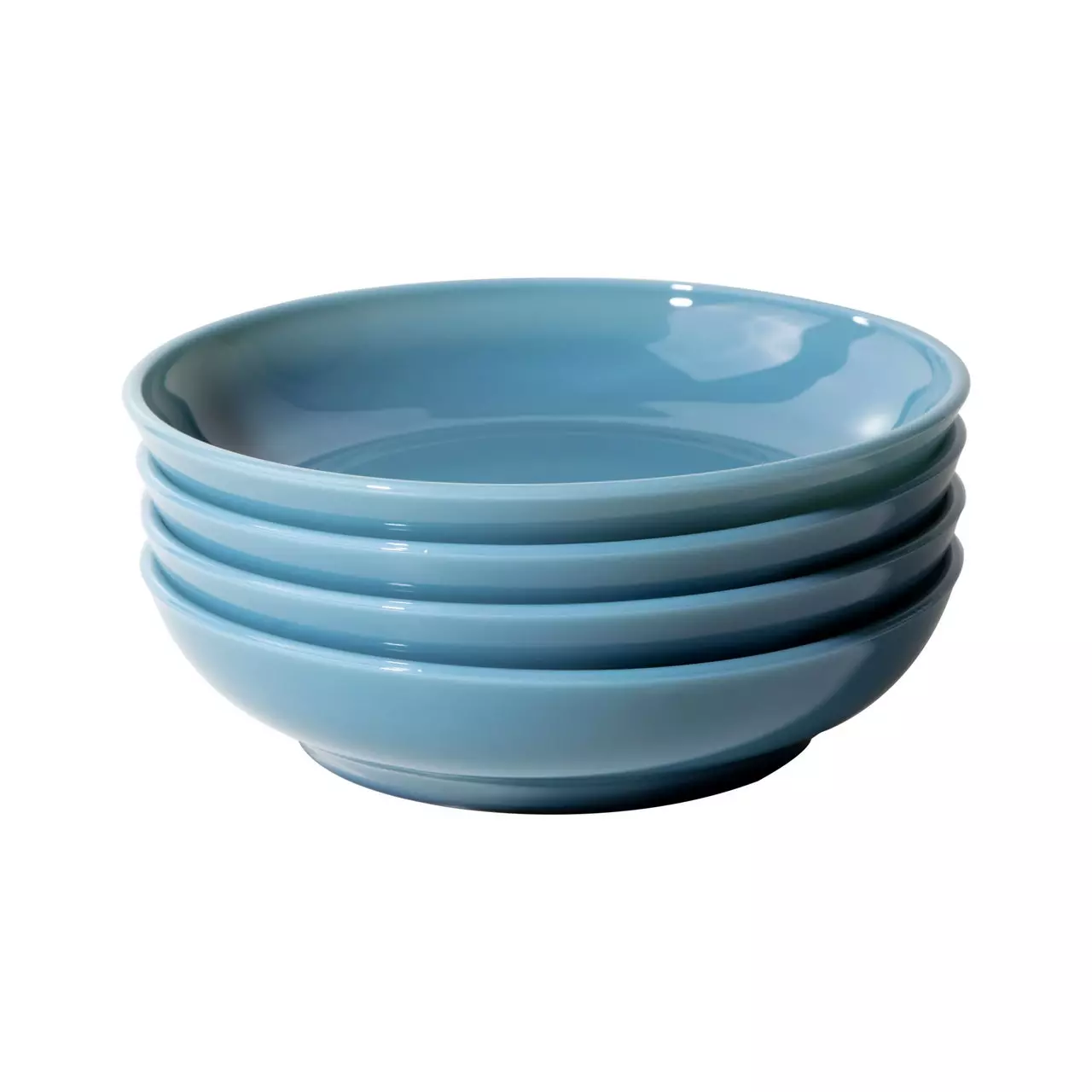 Fọto ti mẹrin Chelsea Blue Tinted Glass Nesting Shallow Bowls nipasẹ Mosser Glass.