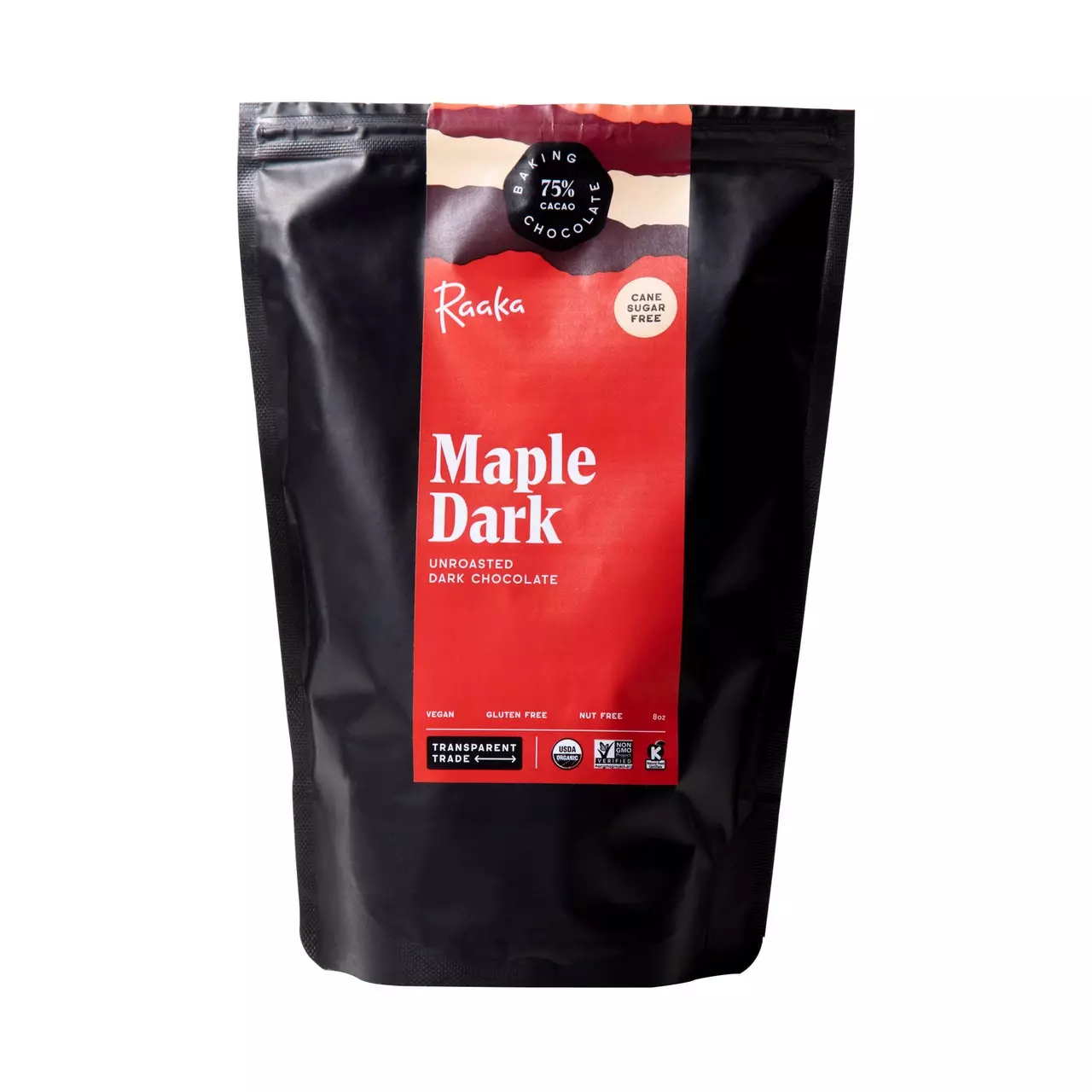 Fọto ti apo ti Maple Unroasted Dark Beking Chocolate nipasẹ Raaka.