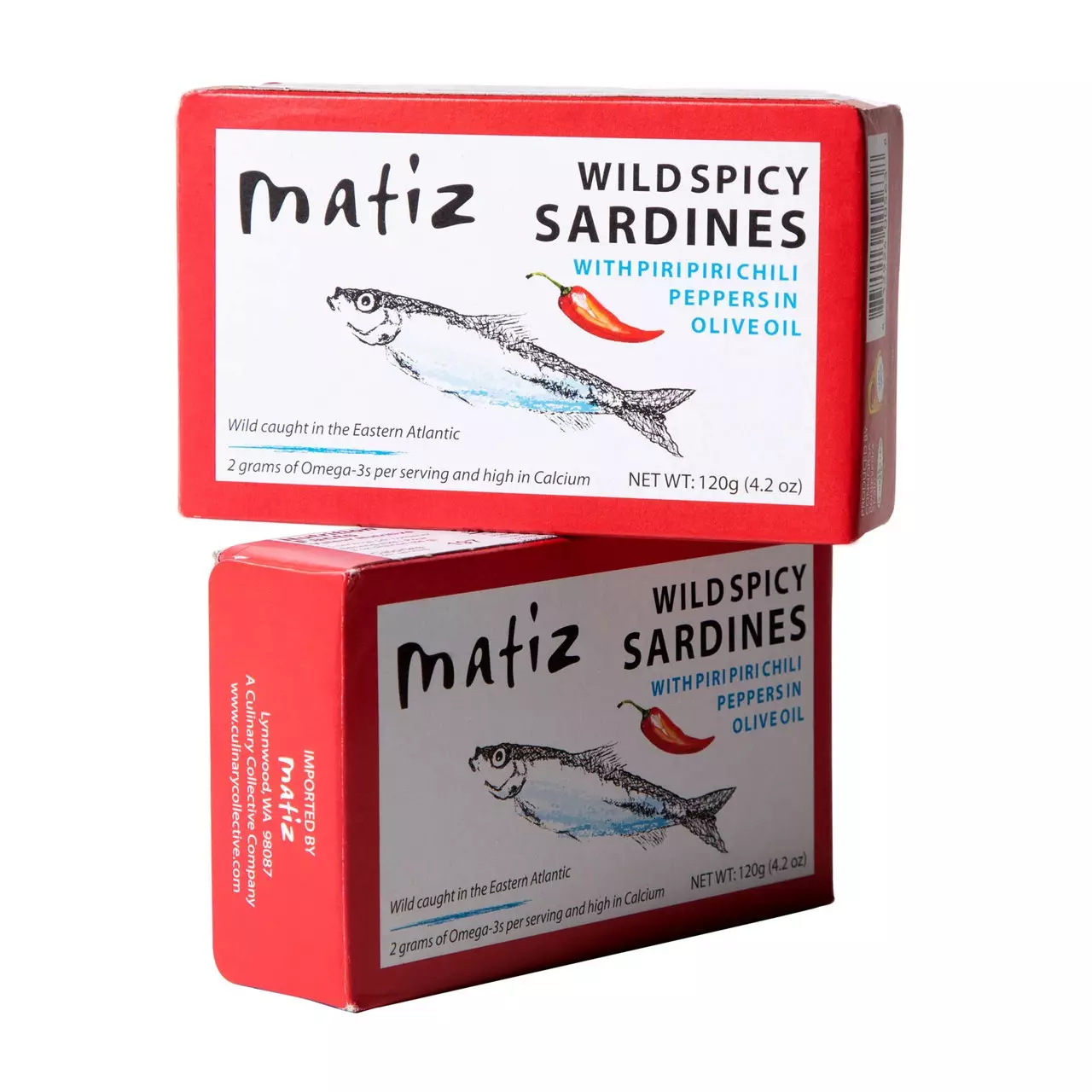 Foto von zwei Schachteln Wild Spicy Sardines mit Piri Piri Chili Peppers in Olivenöl von Matiz.