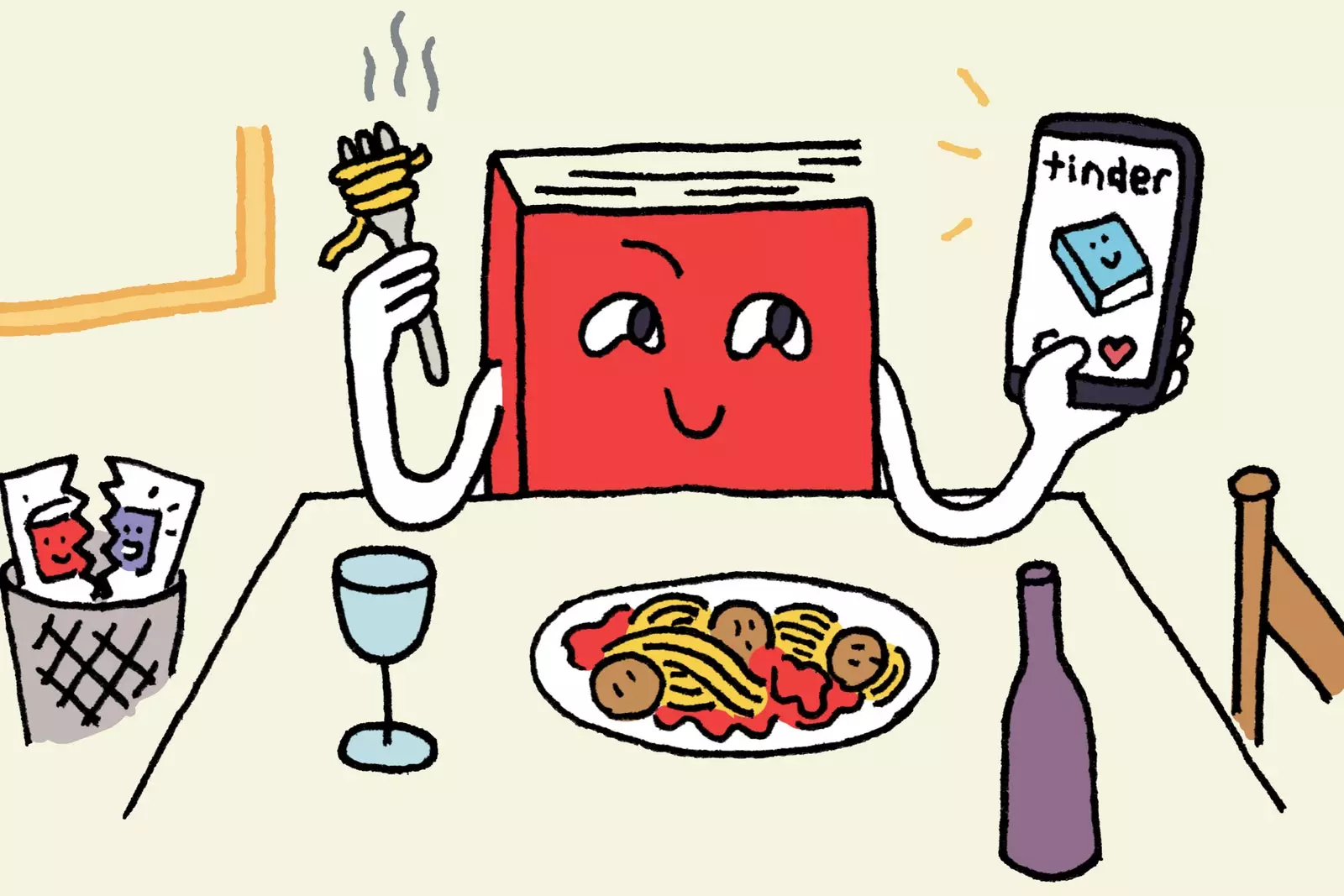 Ilustrasi buku masak anu tuang spaghetti sareng browsing Tinder.