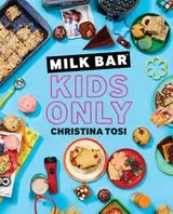 Milk Bar Kids Only sukaldaritza liburuaren azalaren argazkia hainbat postrerekin gainazal urdinean.