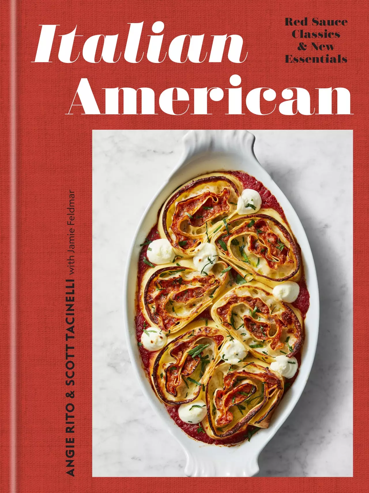 ปกตำราอาหารอิตาเลียนอเมริกันบนพื้นหลังสีแดง