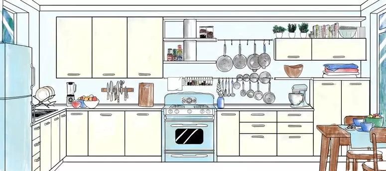 Afbeelding kan het volgende bevatten: Binnen, Kamer, Keuken, Meubilair en Stoel