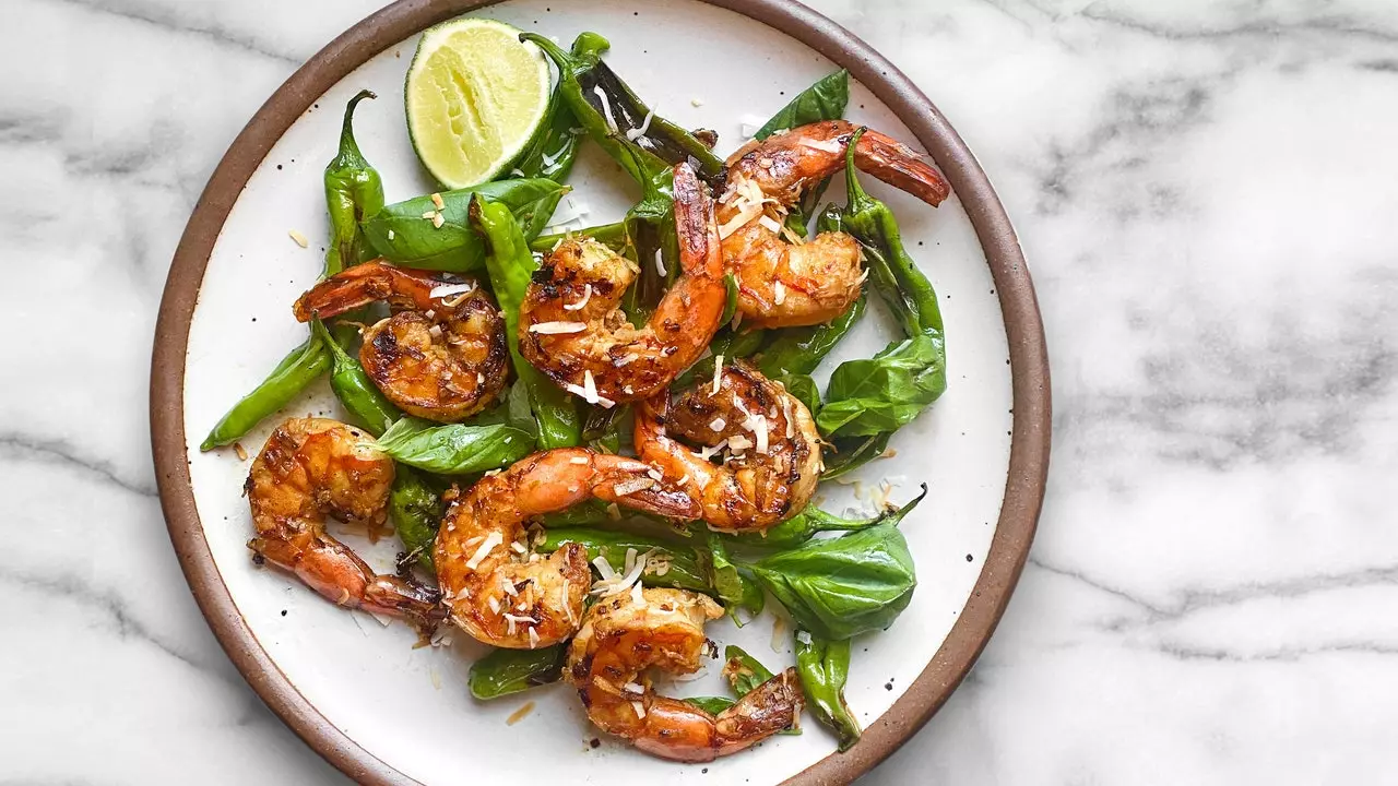 Grilled Coconut Shrimp With Shishito Peppers