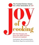 Sampul buku Joy of Cooking dengan teks merah dan emas dengan latar belakang putih.