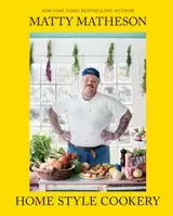 A portada do libro de receitas con Matheson rodeado de produtos frescos e carne