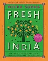 Foto da capa do livro de receitas Fresh India com fundo verde e laranja.