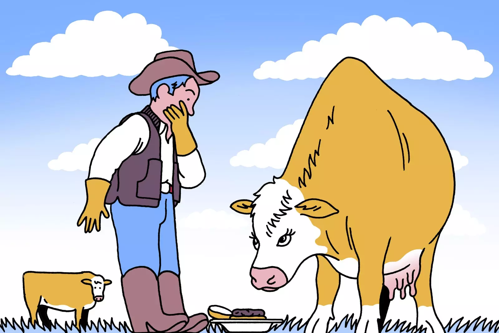 Илустрација ранчера и краве како размишљају и њушкају хамбургер.