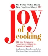 Joy of Cooking book cover na may pula at gintong teksto sa puting background.